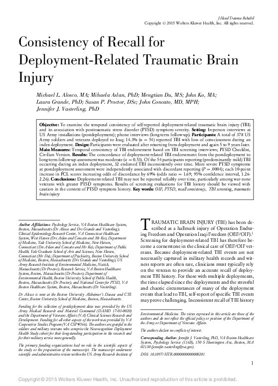 (PDF) Consistency of Recall for Deployment-Related Traumatic Brain Injury