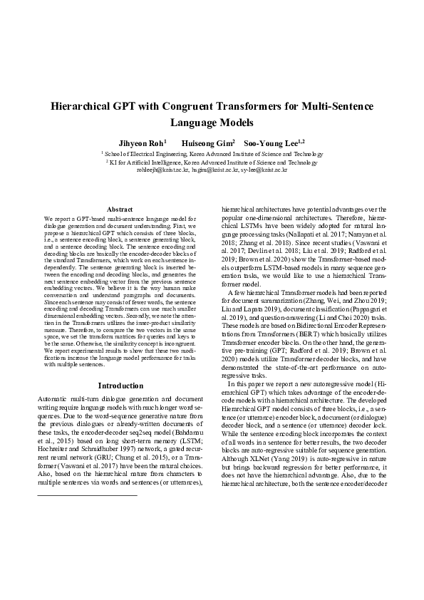 (PDF) Hierarchical GPT with Congruent Transformers for Multi-Sentence Language Models