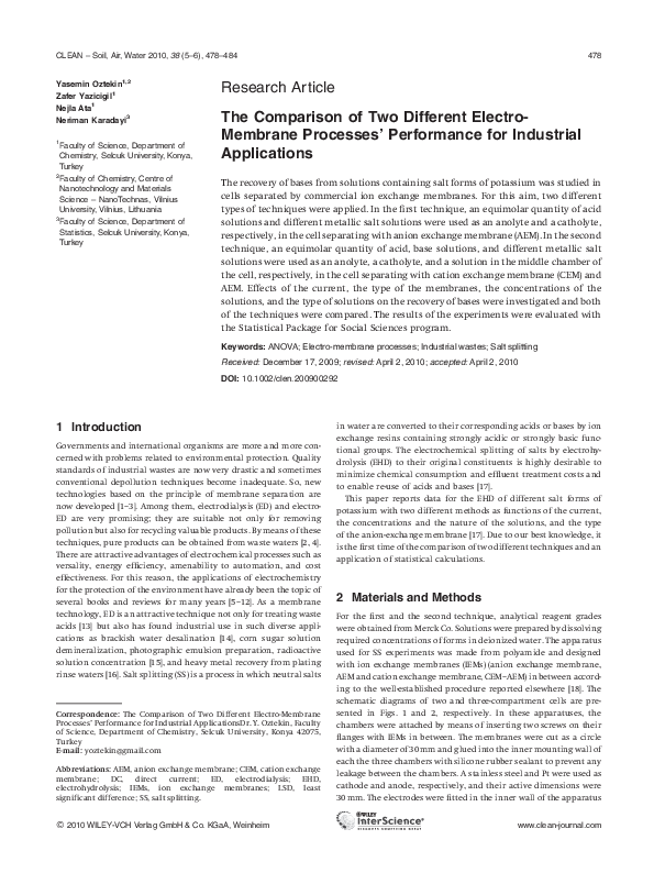 (PDF) The Comparison of Two Different Electro-Membrane Processes' Performance for Industrial ...