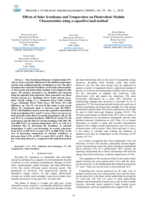 (PDF) Effects of Solar Irradiance and Temperature on Photovoltaic Module Characteristics using a ...