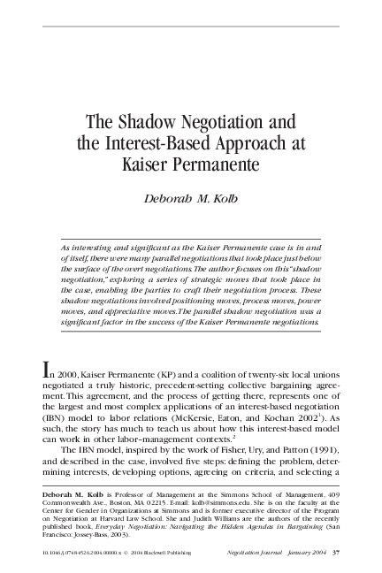 (PDF) The Shadow Negotiation and the Interest-Based Approach at Kaiser ...