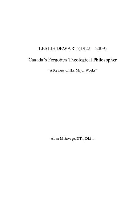 (PDF) Leslie Dewart (1922-2009) Canada's Forgotten Theological ...