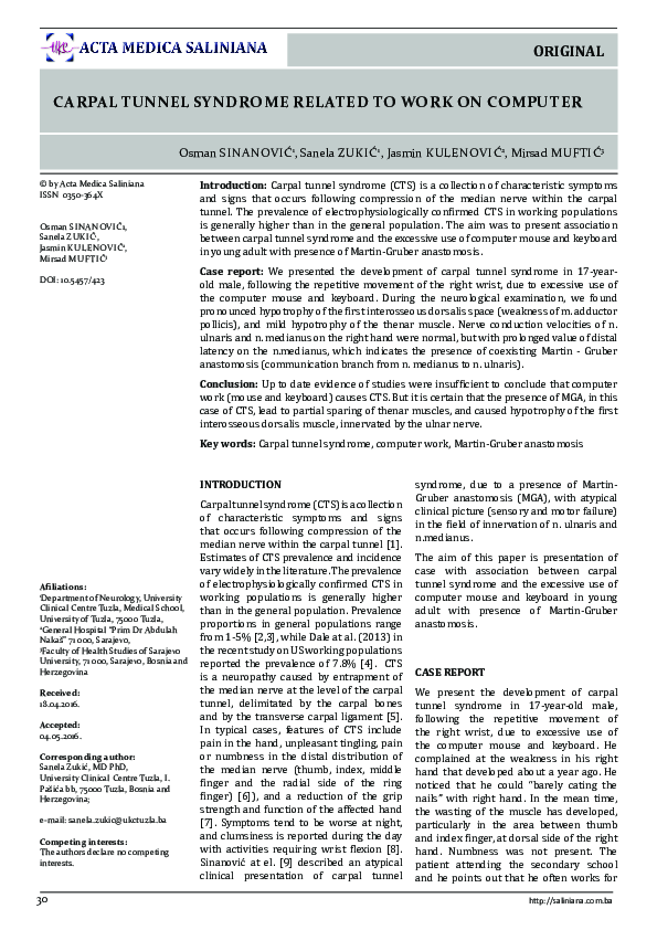 (PDF) Carpal tunnel syndrome related to work on computer