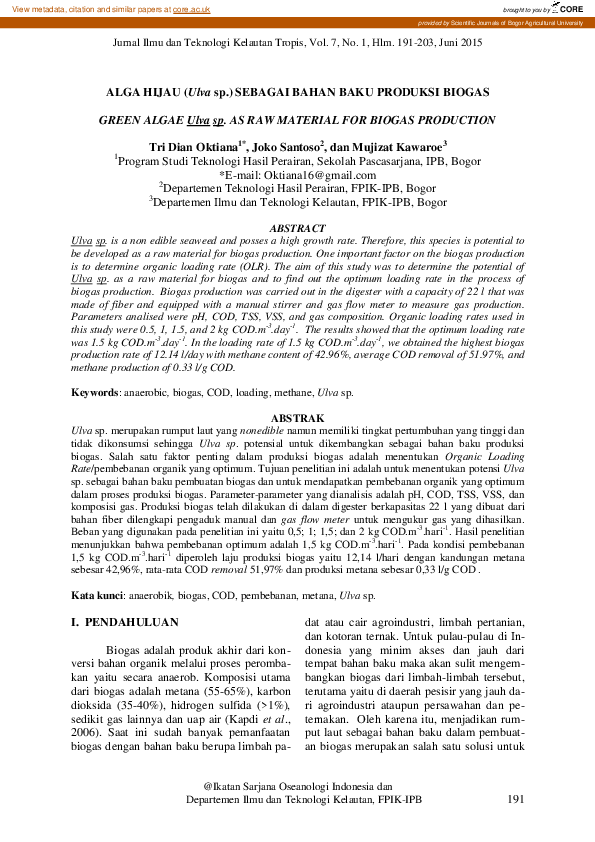 (PDF) GREEN ALGAE Ulva sp. AS RAW MATERIAL FOR BIOGAS PRODUCTION