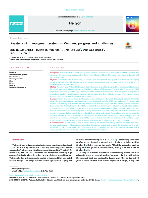 (PDF) Disaster risk management system in Vietnam: progress and challenges