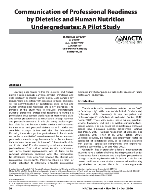 (PDF) Communication of Professional Readiness in Dietetics and Human ...