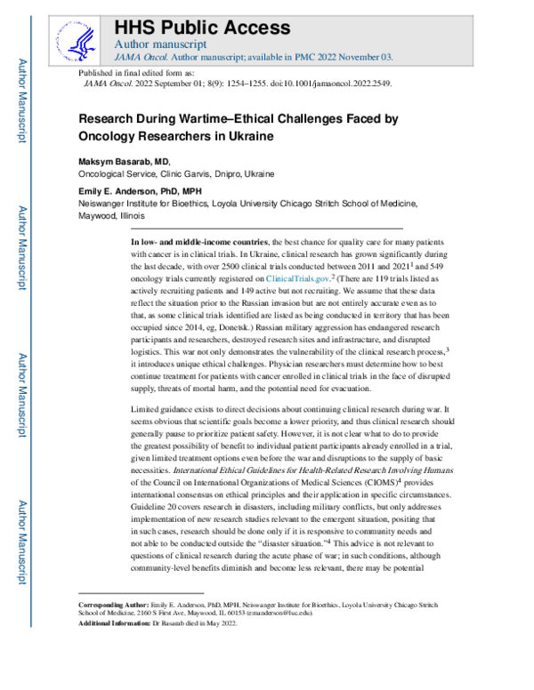 (PDF) Research During Wartime—Ethical Challenges Faced by Oncology ...