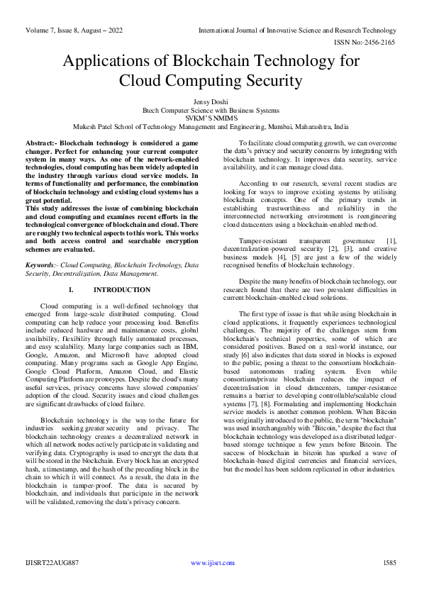 (PDF) Applications of Blockchain Technology for Cloud Computing Security