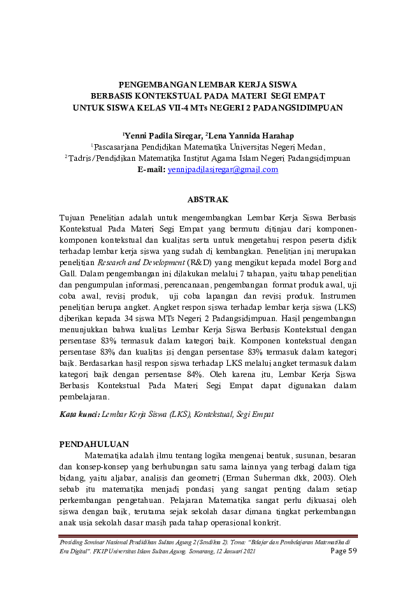 (PDF) Pengembangan Lembar Kerja Siswa Berbasis Kontekstual pada Materi Segi Empat untuk Siswa ...