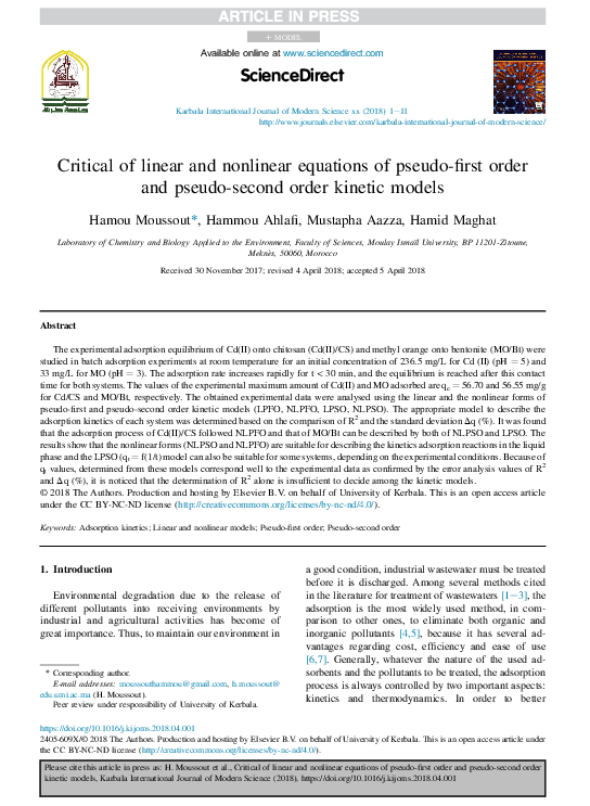 (PDF) Critical of linear and nonlinear equations of pseudo-first order and pseudo-second order ...