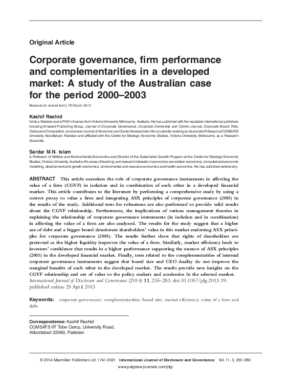 (PDF) Corporate governance, firm performance and complementarities in a developed market: A ...