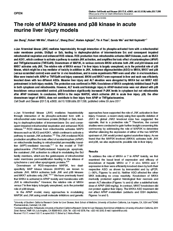 (PDF) The role of MAP2 kinases and p38 kinase in acute murine liver injury models