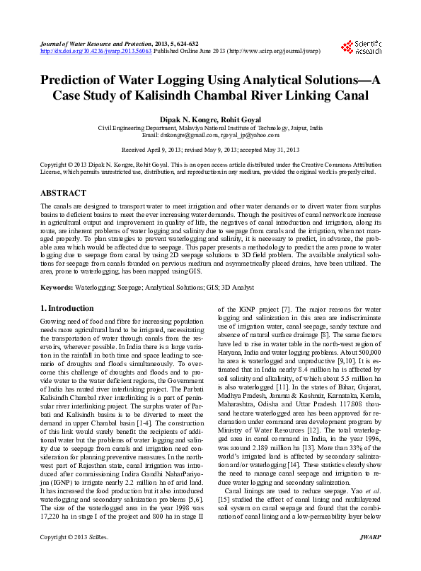 (PDF) Prediction of Water Logging Using Analytical Solutions—A Case Study of Kalisindh Chambal ...