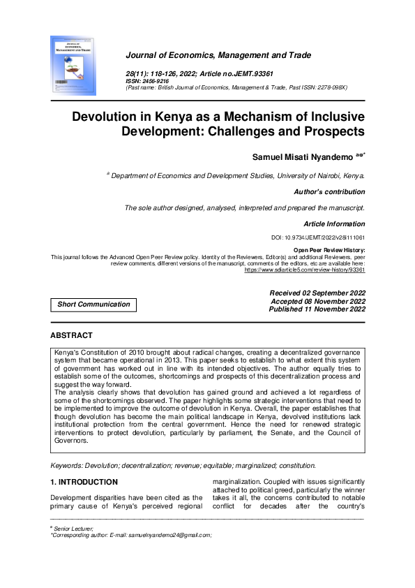 (PDF) Devolution in Kenya as a Mechanism of Inclusive Development: Challenges and Prospects