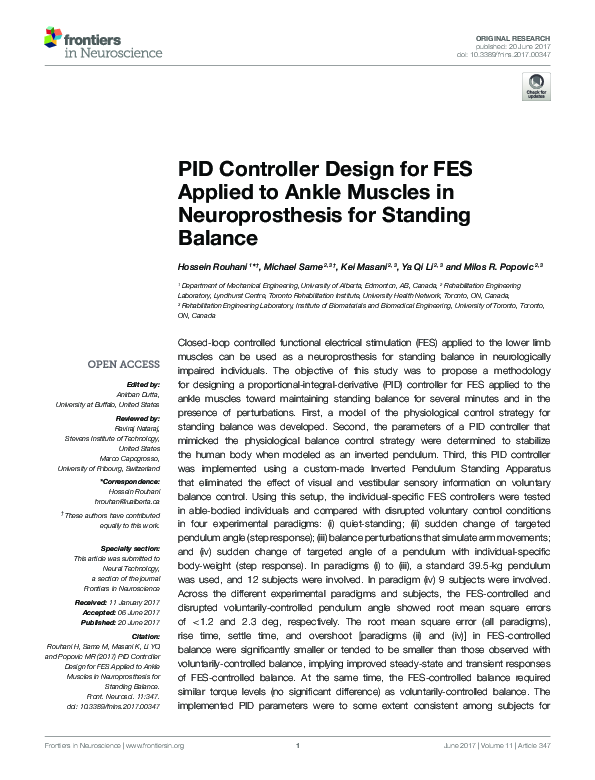 (PDF) PID Controller Design for FES Applied to Ankle Muscles in Neuroprosthesis for Standing ...