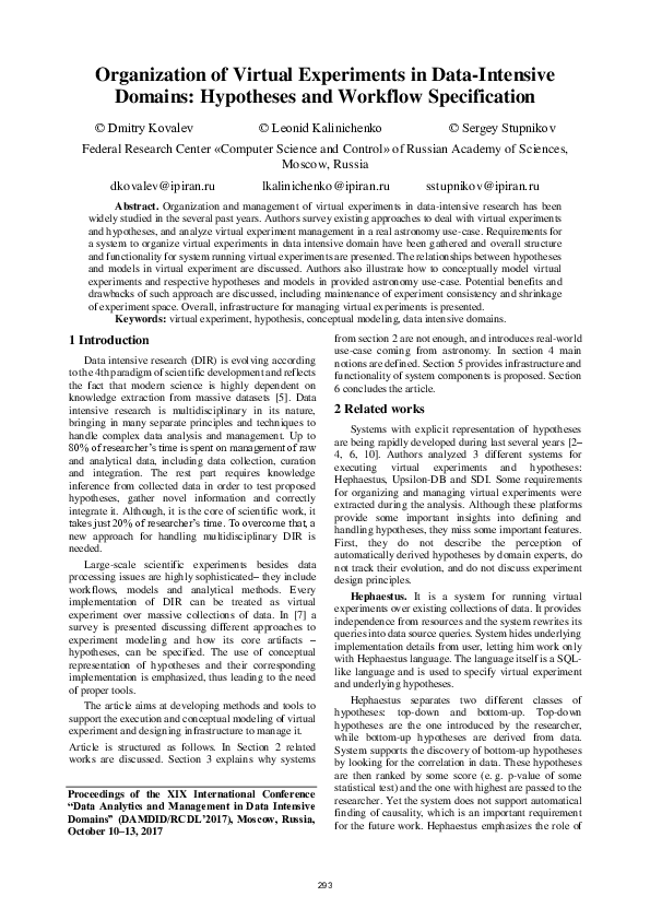 (PDF) Organization of Virtual Experiments in Data-Intensive Domains: Hypotheses and Workflow ...