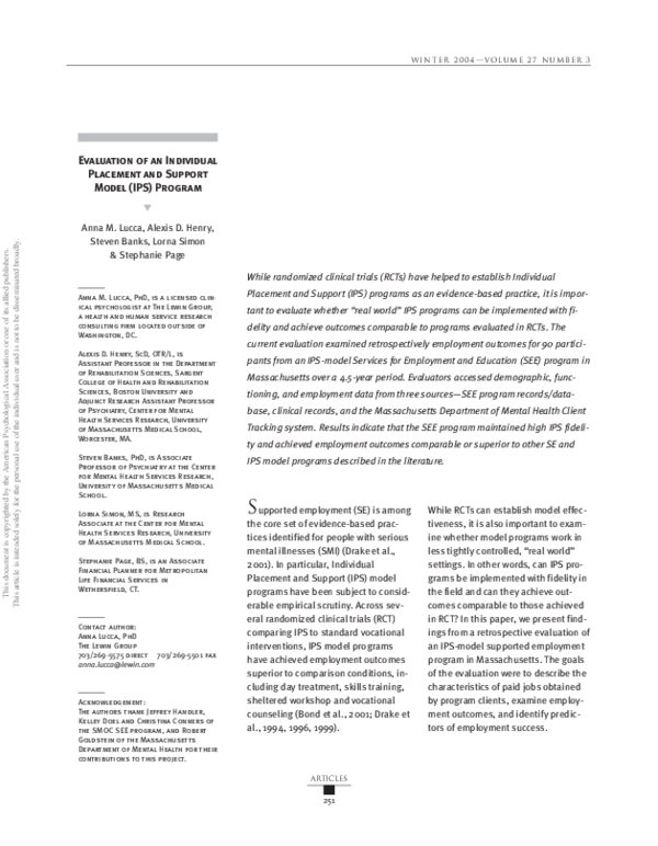 (PDF) Evaluation of an individual placement and support model (IPS) program