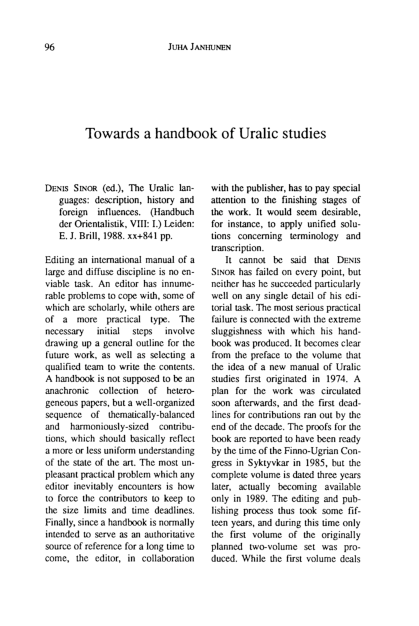 (PDF) The Uralic languages: description, history and foreign influences. Ed. by Denis Sinor
