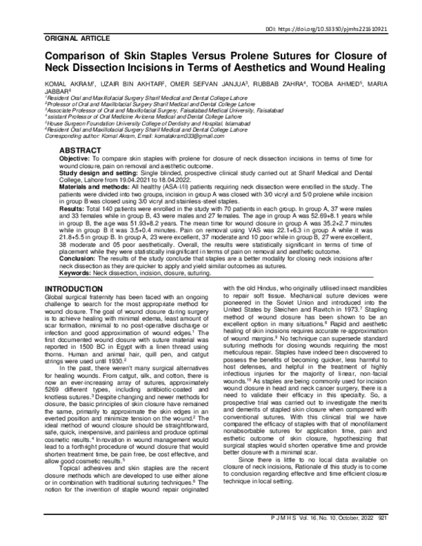 (PDF) Comparison of Skin Staples Versus Prolene Sutures for Closure of ...