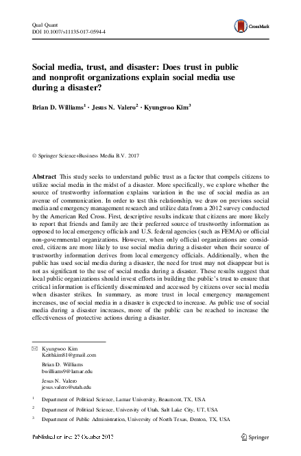 (PDF) Social media, trust, and disaster: Does trust in public and ...