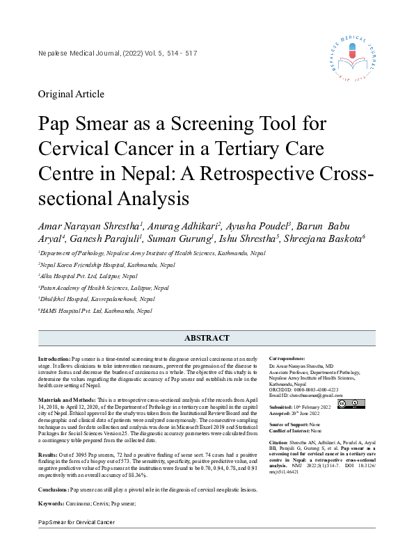 (PDF) Pap Smear as a Screening Tool for Cervical Cancer in a Tertiary ...
