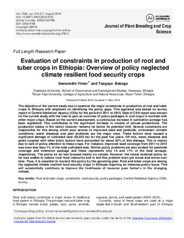 (PDF) Evaluation of constraints in production of root and tuber crops in Ethiopia: Overview of ...