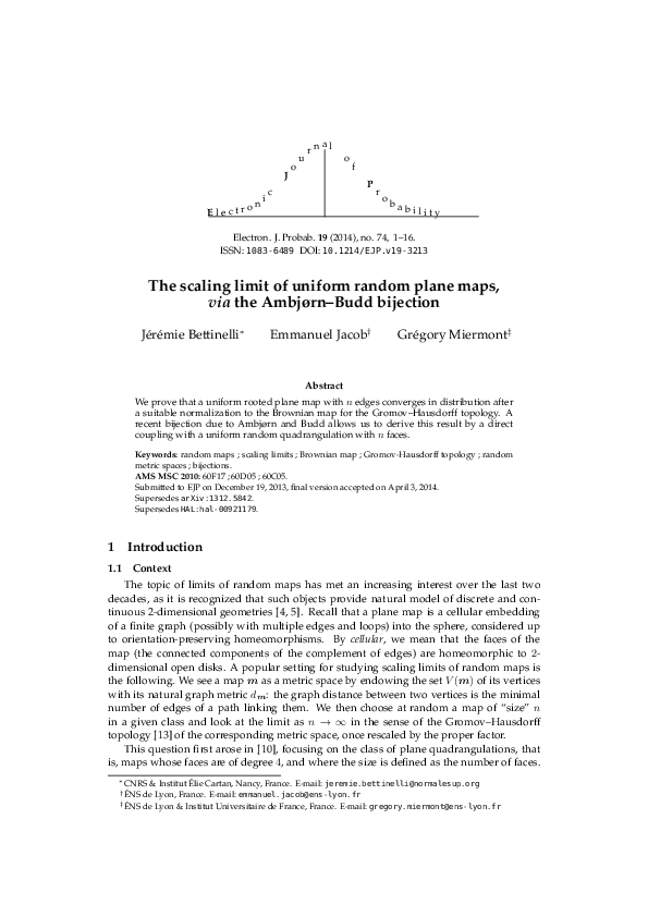 (PDF) The scaling limit of uniform random plane maps, via the Ambjørn–Budd bijection