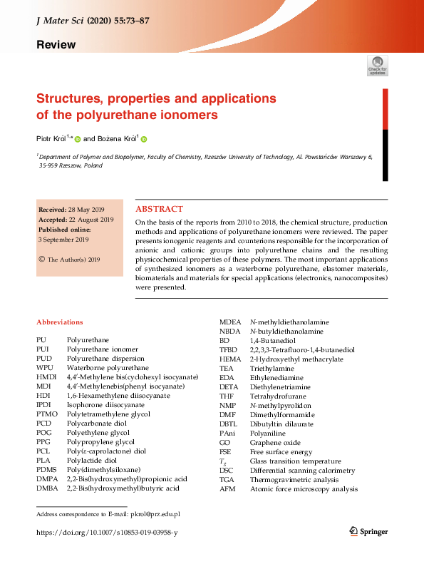 (PDF) Structures, properties and applications of the polyurethane ionomers