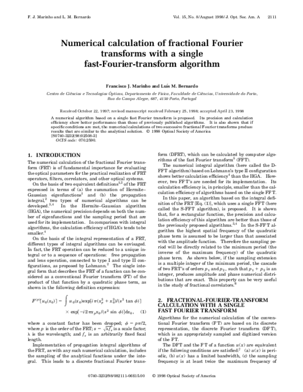 Pdf Numerical Calculation Of Fractional Fourier Transforms With A Single Fast Fourier 