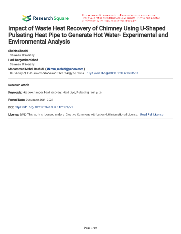 (PDF) Impact of Waste Heat Recovery of Chimney Using U-Shaped Pulsating ...