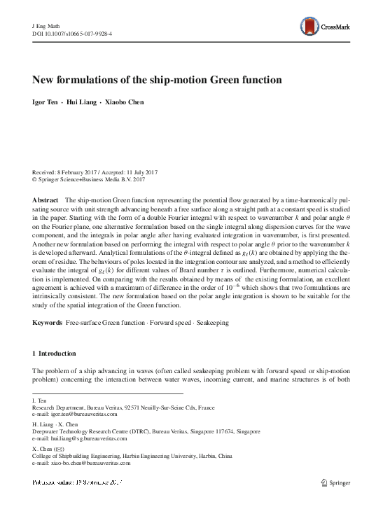 (PDF) New formulations of the ship-motion Green function | Igor Ten - Academia.edu