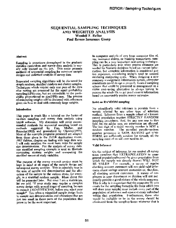(PDF) REFIOR I Sampling Techniques SEQUENTIAL SAMPLING TECHNIQUES AND WEIGHTED ANALYSIS