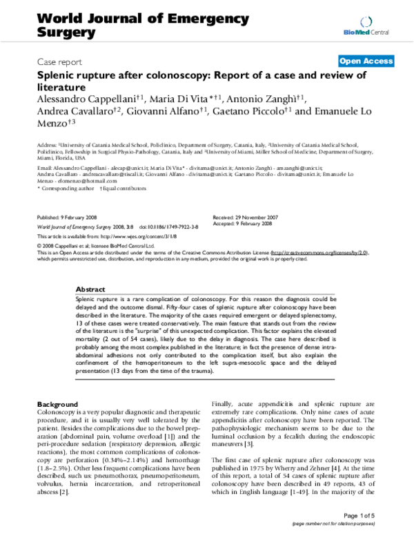 (PDF) Splenic rupture after colonoscopy: Report of a case and review of ...