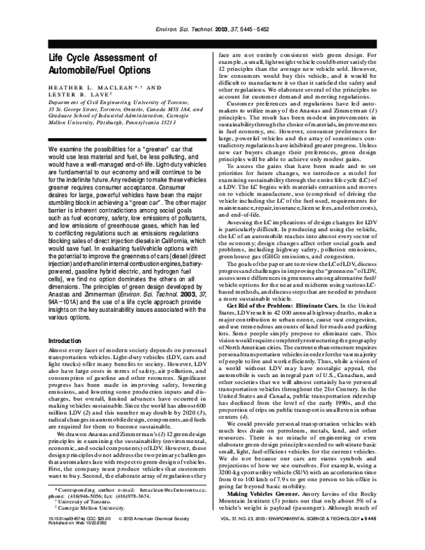 (PDF) Life Cycle Assessment of Automobile/Fuel Options