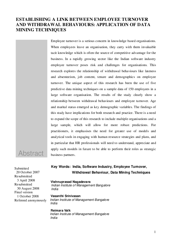 (PDF) Establishing Link between Employee Turnover and Withdrawal Behaviours (PDF) Establishing Link between Employee Turnover and Withdrawal Behaviours