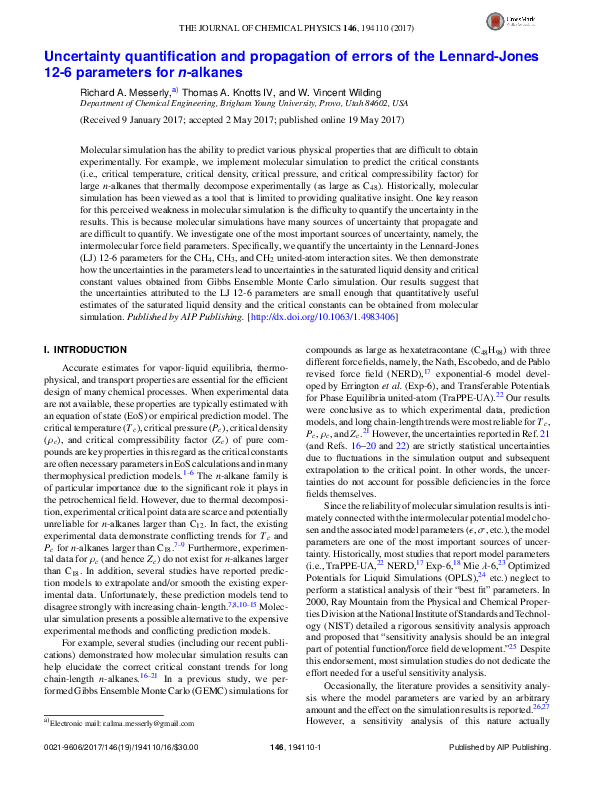 (PDF) Uncertainty quantification and propagation of errors of the Lennard-Jones 12-6 parameters ...