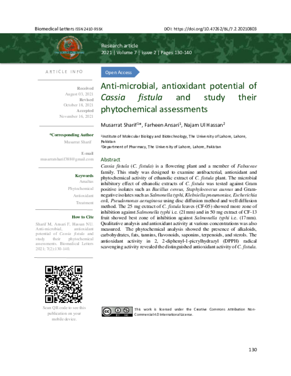 (PDF) Anti-microbial, antioxidant potential of Cassia fistula and study their phytochemical ...