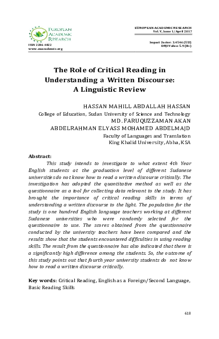 (PDF) The Role of Critical Reading in Understanding a Written Discourse: A Linguistic Review