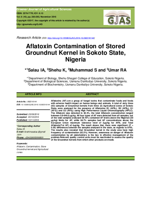 (PDF) Aflatoxin Contamination of Stored Groundnut Kernel in Sokoto State, Nigeria