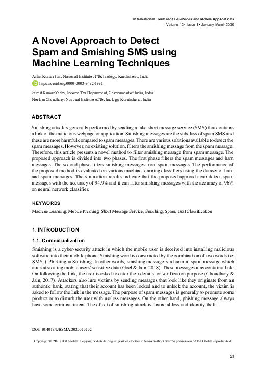 (PDF) A Novel Approach to Detect Spam and Smishing SMS using Machine Learning Techniques