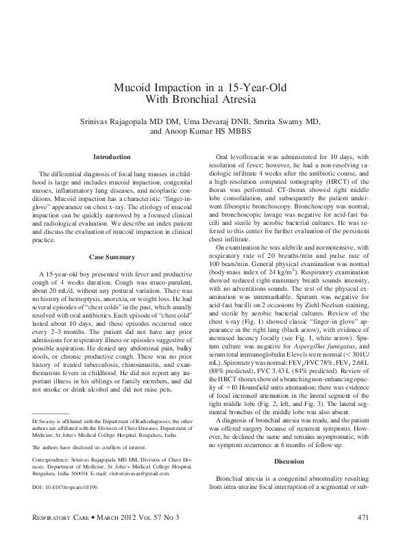 (PDF) Mucoid Impaction in a 15-Year-Old With Bronchial Atresia