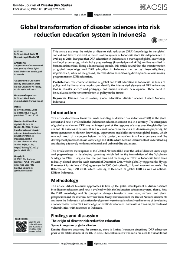 (PDF) Global transformation of disaster sciences into risk reduction ...