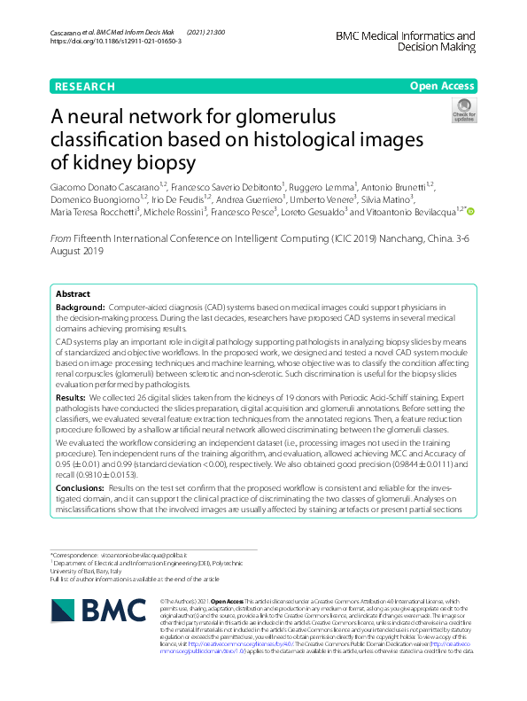 (PDF) A neural network for glomerulus classification based on histological images of kidney biopsy