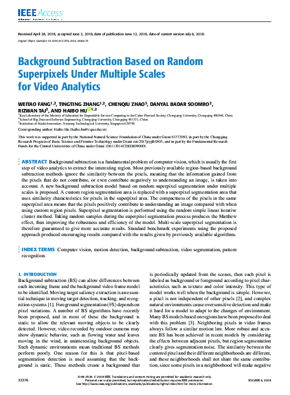 (PDF) Background Subtraction Based on Random Superpixels Under Multiple Scales for Video Analytics