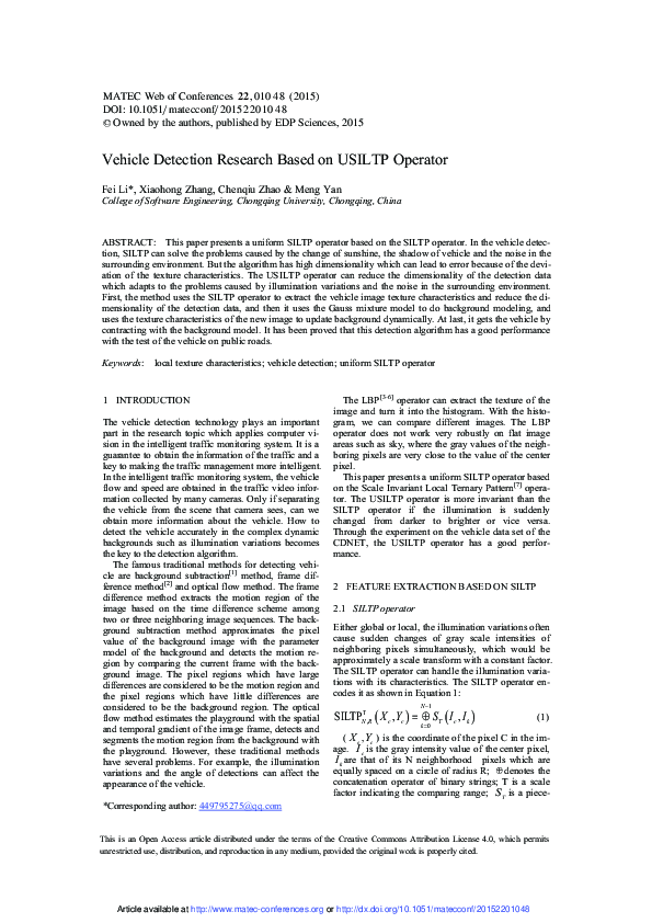 (PDF) Vehicle Detection Research Based on USILTP Operator