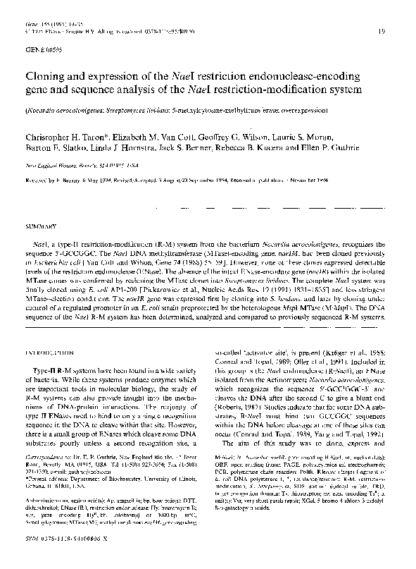 (PDF) Cloning and expression of the NaeI restriction endonuclease ...