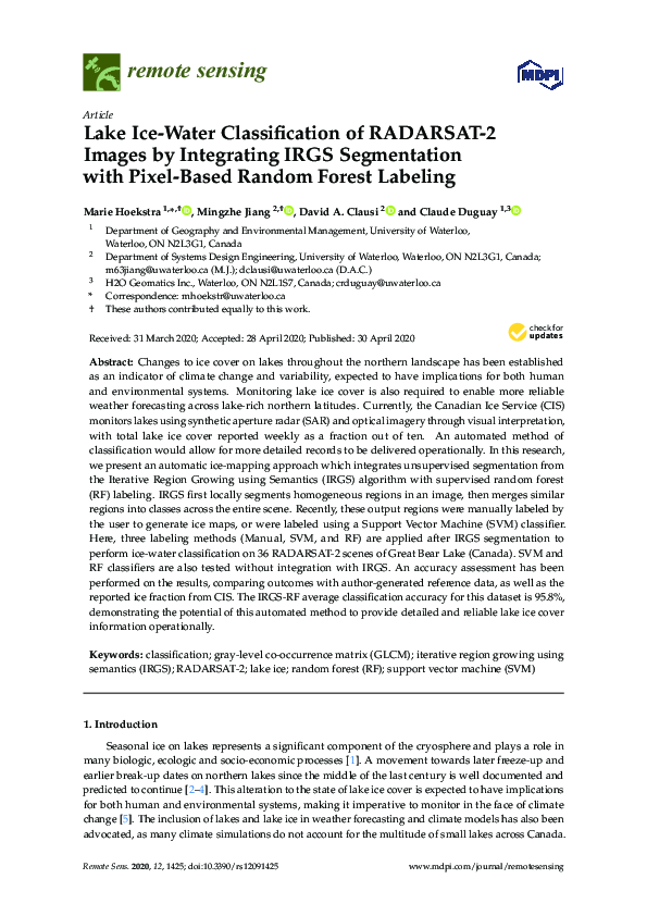 (PDF) Lake Ice-Water Classification of RADARSAT-2 Images by Integrating IRGS Segmentation with ...