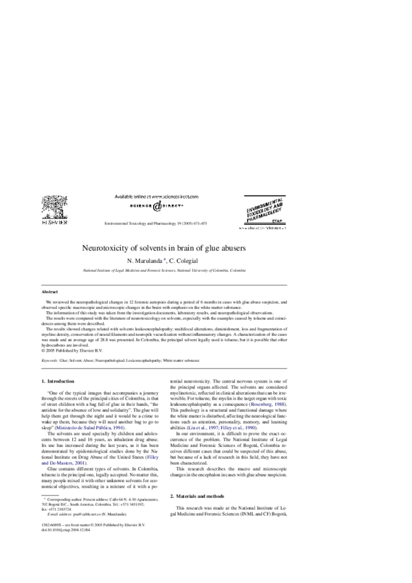 (PDF) Neurotoxicity of solvents in brain of glue abusers