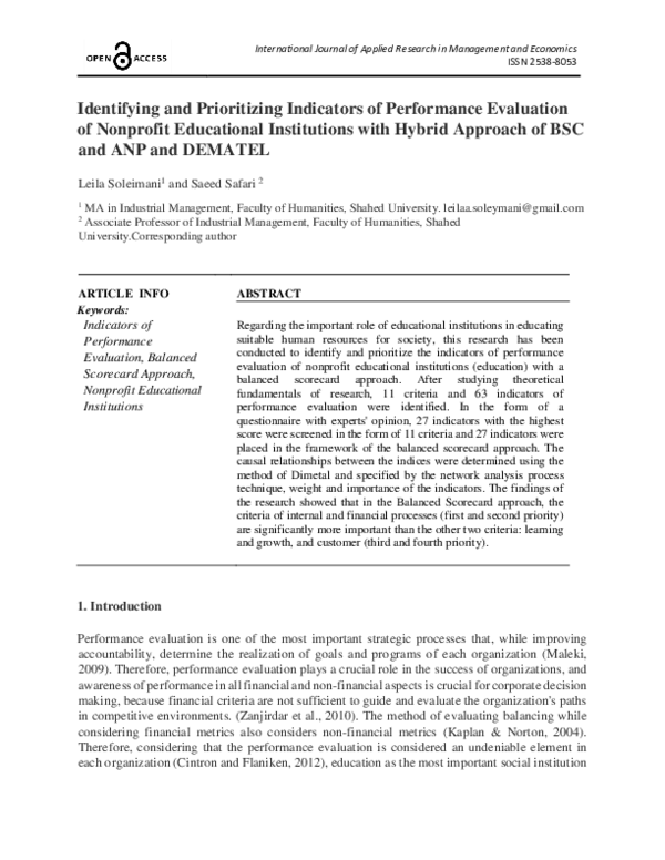 (PDF) Identifying and Prioritizing Indicators of Performance Evaluation ...