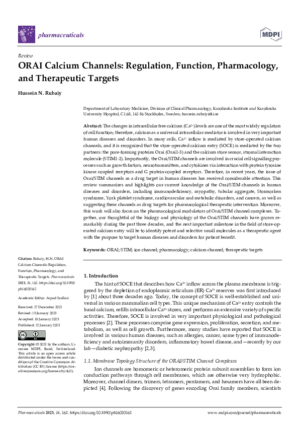 (PDF) ORAI Calcium Channels: Regulation, Function, Pharmacology, and ...